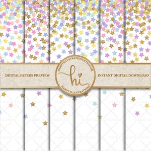 Pastel Rainbow Star Confetti Digital Paper, Falling Confetti Background ...