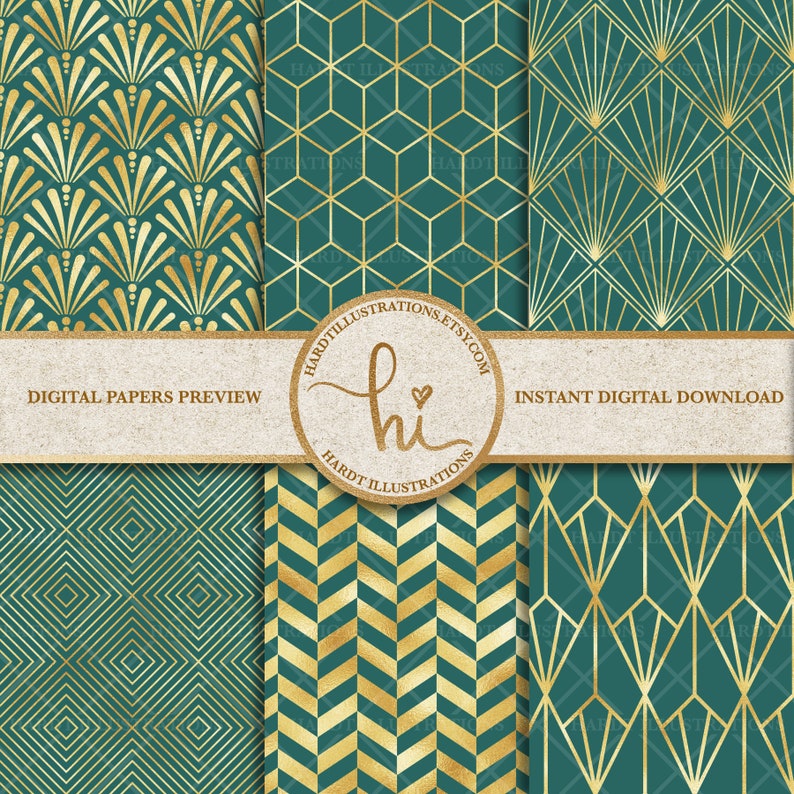 Teal & Gold Foil Art Deco Digital Paper Geometric Design - Etsy