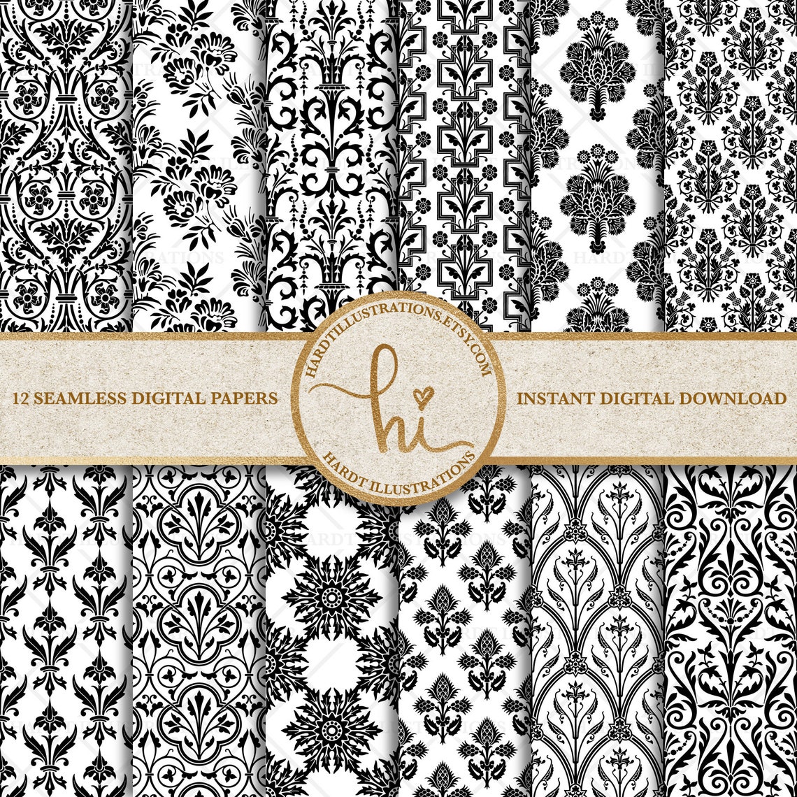 Black & White Damask Digital Paper Vintage Damask Background | Etsy