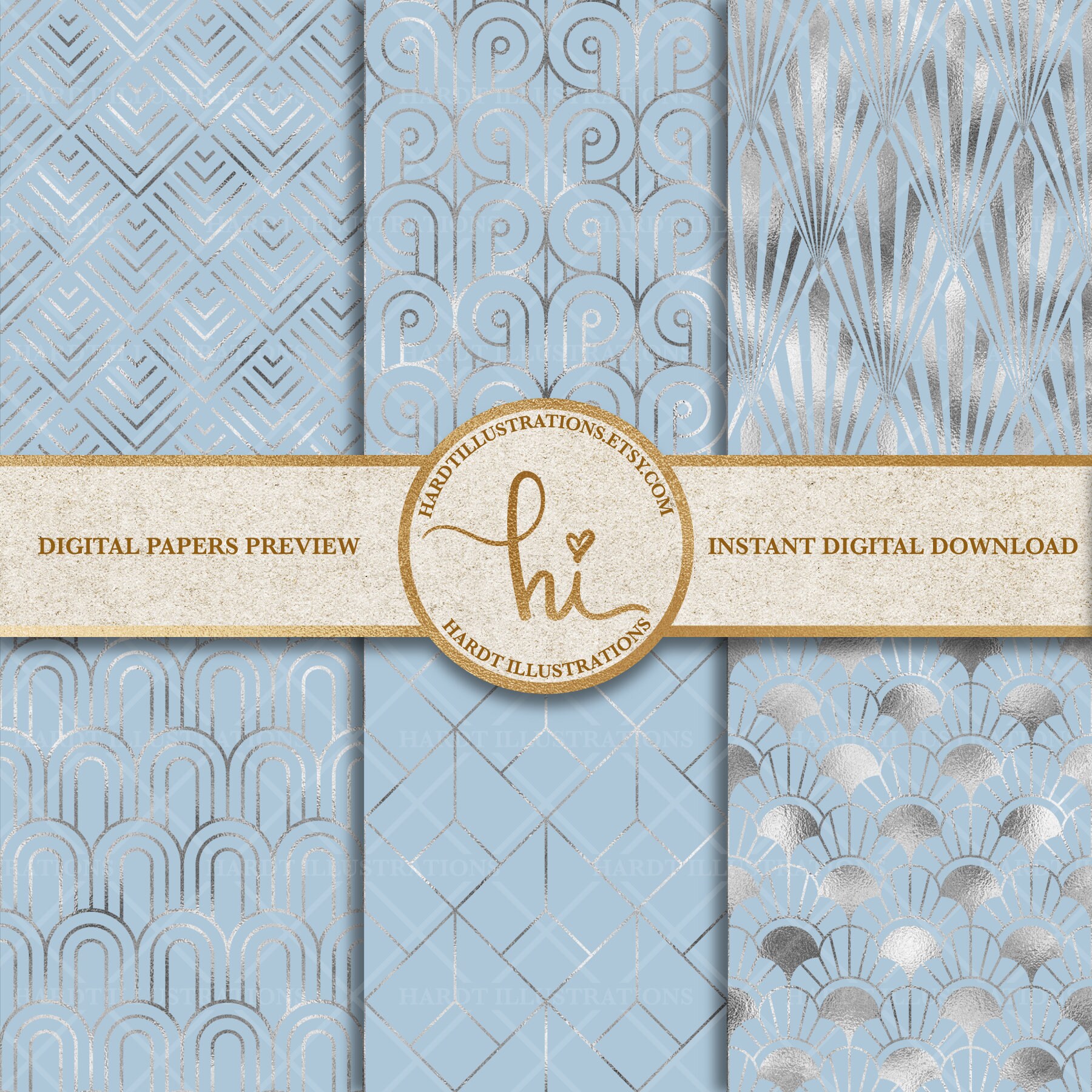 Baby Blue & Silver Foil Art Deco Digital Paper Geometric - Etsy