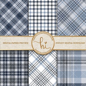Gray & Blue Plaid Digital Paper, Checkered Design, Plaid Check Pattern ...