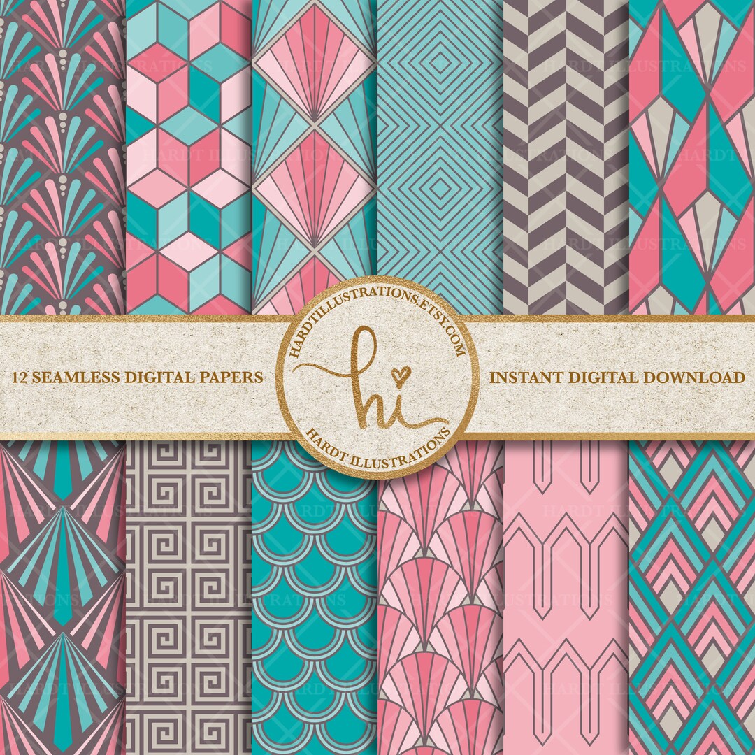 Colorful Vintage Art Deco Digital Paper, Geometric Design, Vintage ...