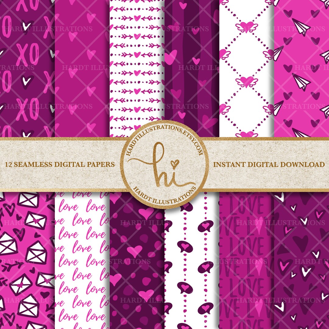 Fuchsia Love Digital Paper, Valentine Digital Paper, Valentine's Day ...