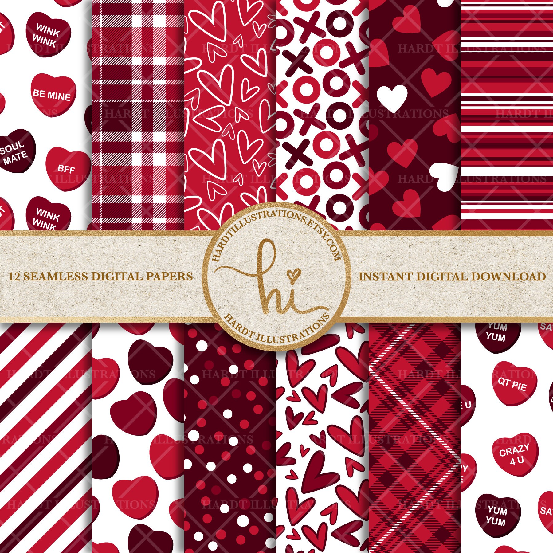 Burgundy Candy Heart Digital Paper Valentine Digital Paper - Etsy