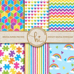 Bright Rainbow Digital Paper, Colorful Rainbow Pattern, Geometric ...