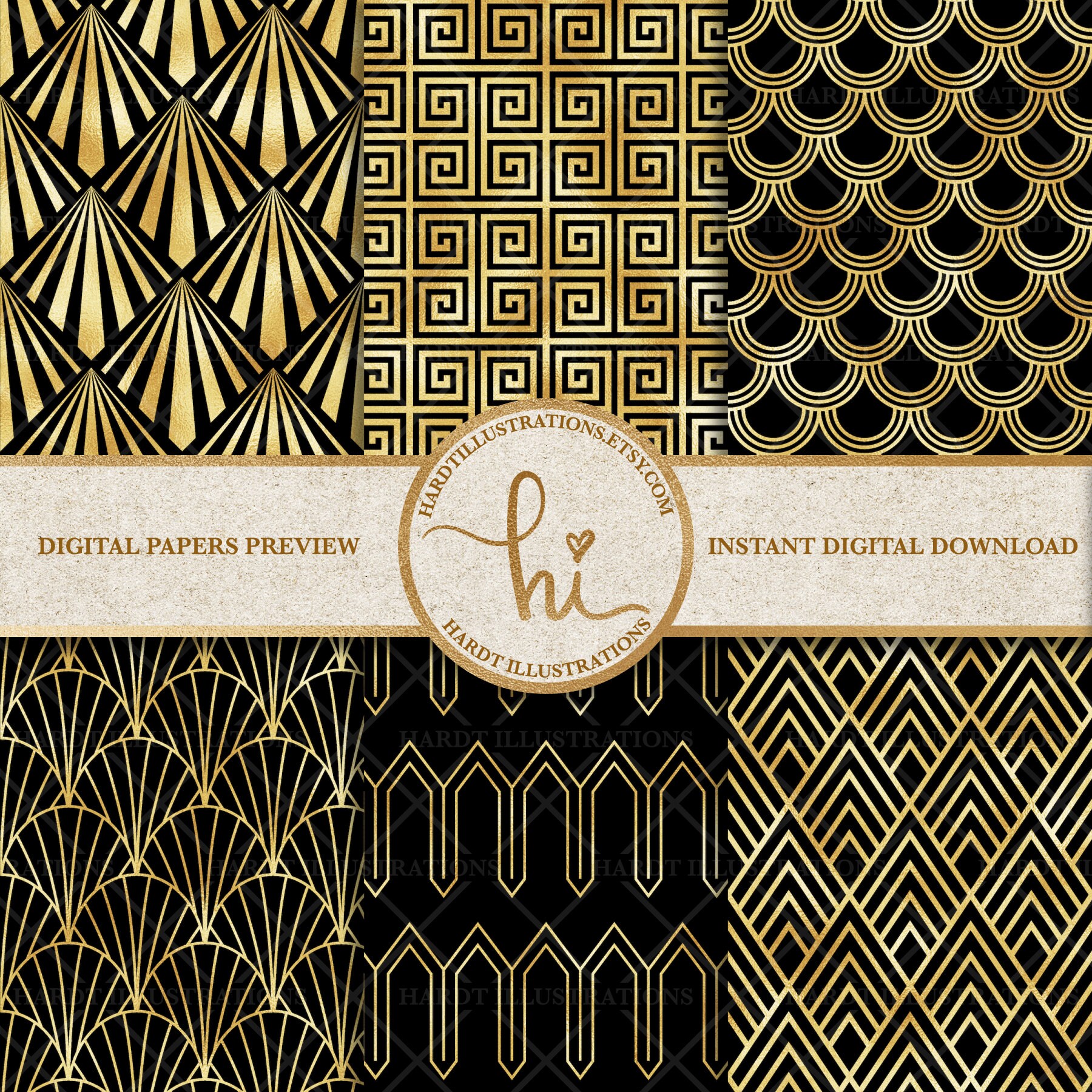 Black & Gold Foil Art Deco Digital Paper Geometric Design - Etsy