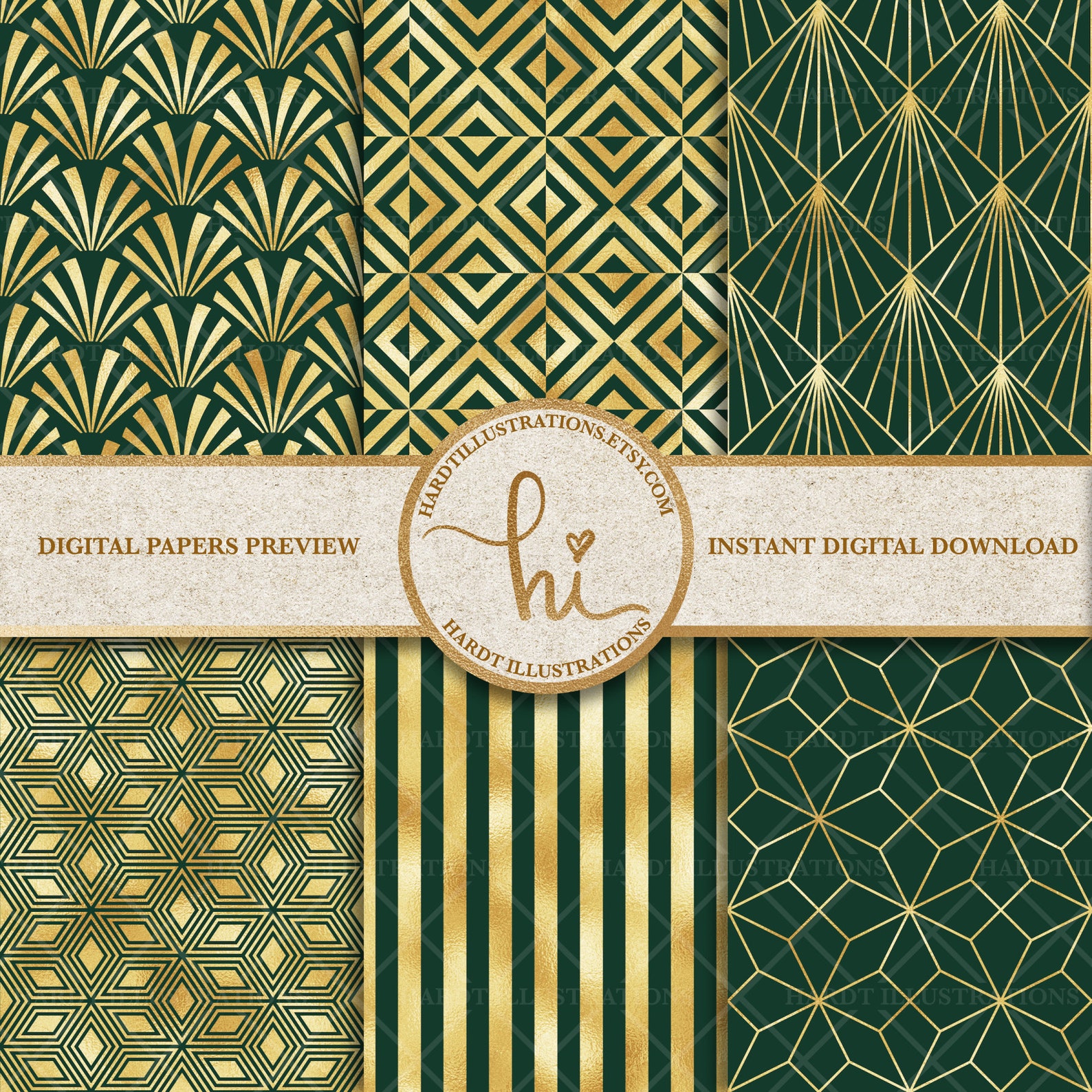 Emerald & Gold Foil Art Deco Digital Paper Geometric Design - Etsy UK