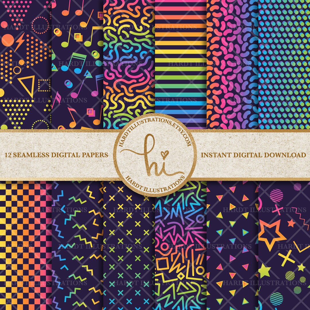 Bright Rainbow Retro Digital Paper Holographic Neon Ombre - Etsy