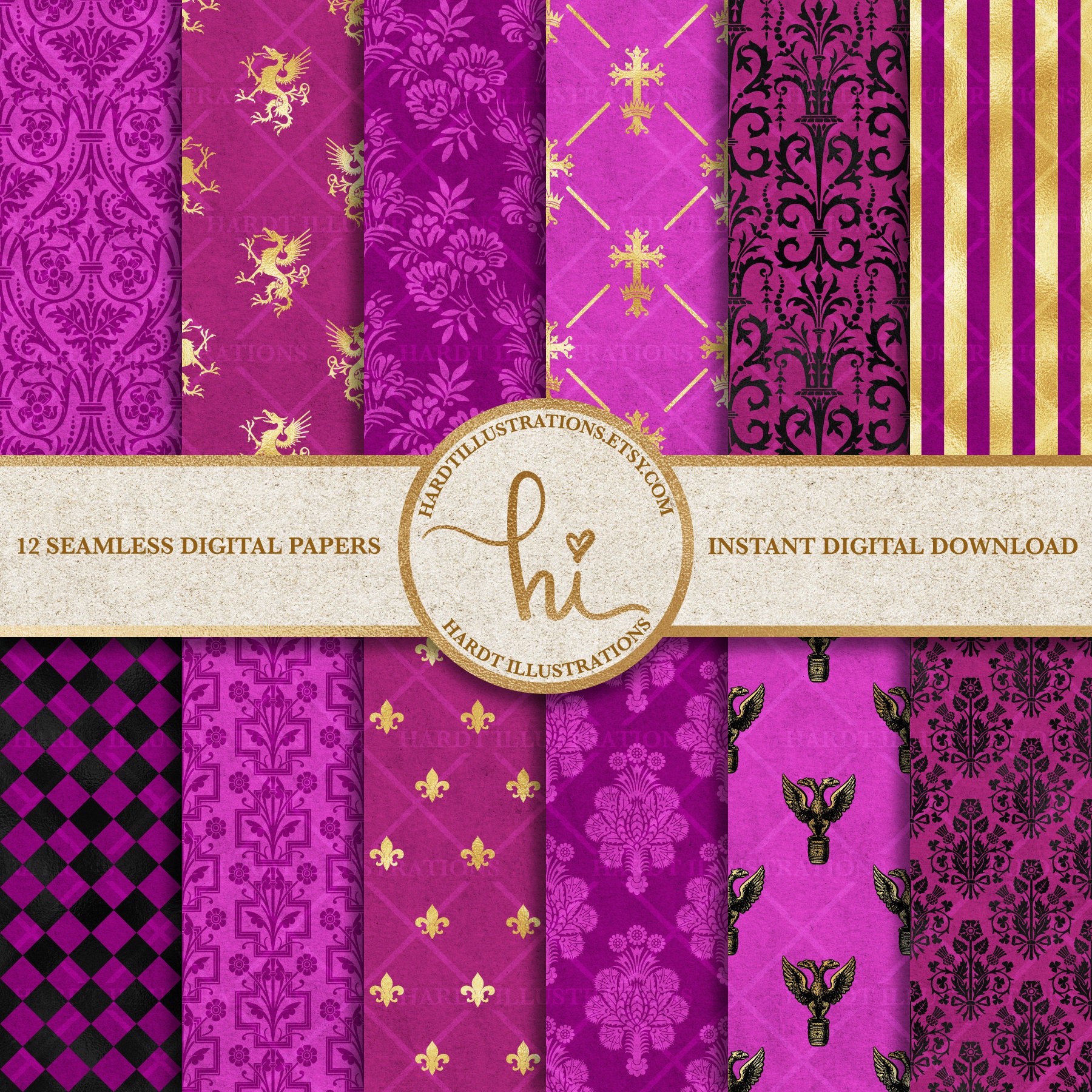 Magenta & Gold Foil Heraldic Digital Paper Fuchsia Medieval | Etsy