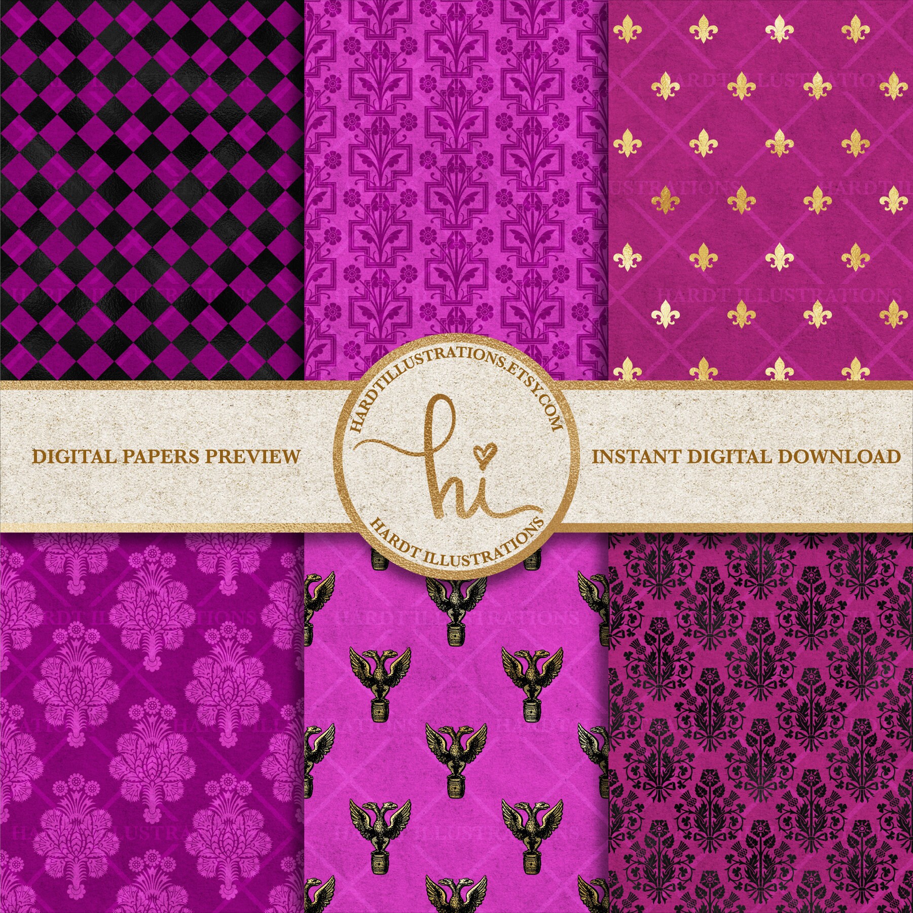 Magenta & Gold Foil Heraldic Digital Paper Fuchsia Medieval | Etsy