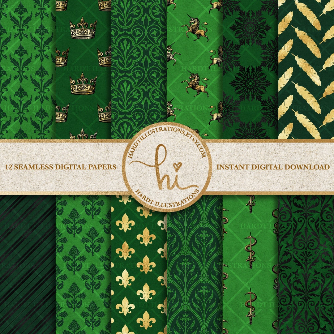 Green & Gold Foil Heraldic Digital Paper, Emerald Medieval Background ...