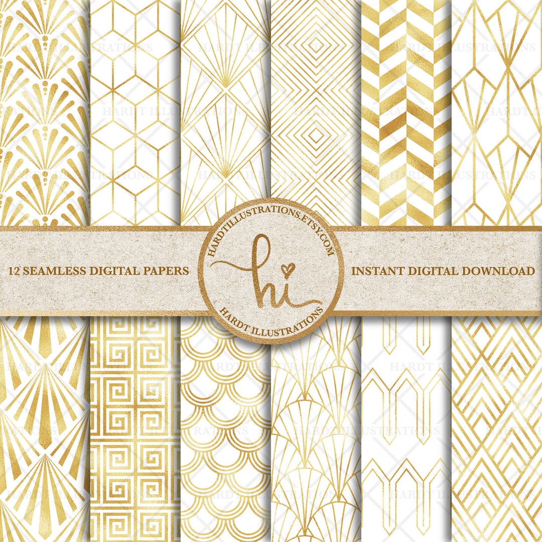 White & Gold Foil Art Deco Digital Paper, Geometric Design, Vintage ...