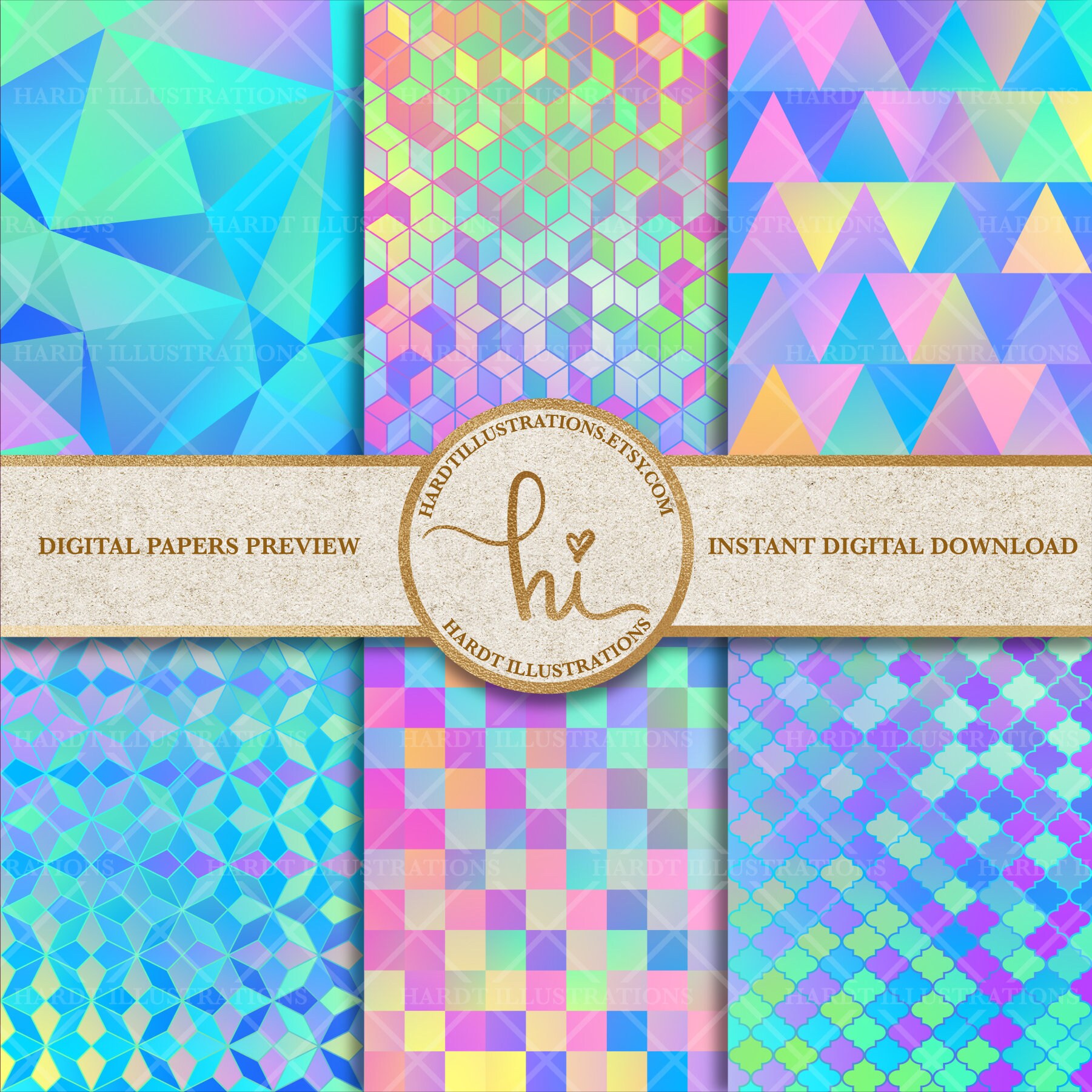 Neon Holographic Designs Digital Paper Geometric Rainbow | Etsy