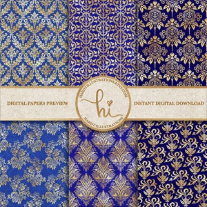 Blue & Gold Foil Damask Digital Paper, Vintage Navy Background, Cobalt ...