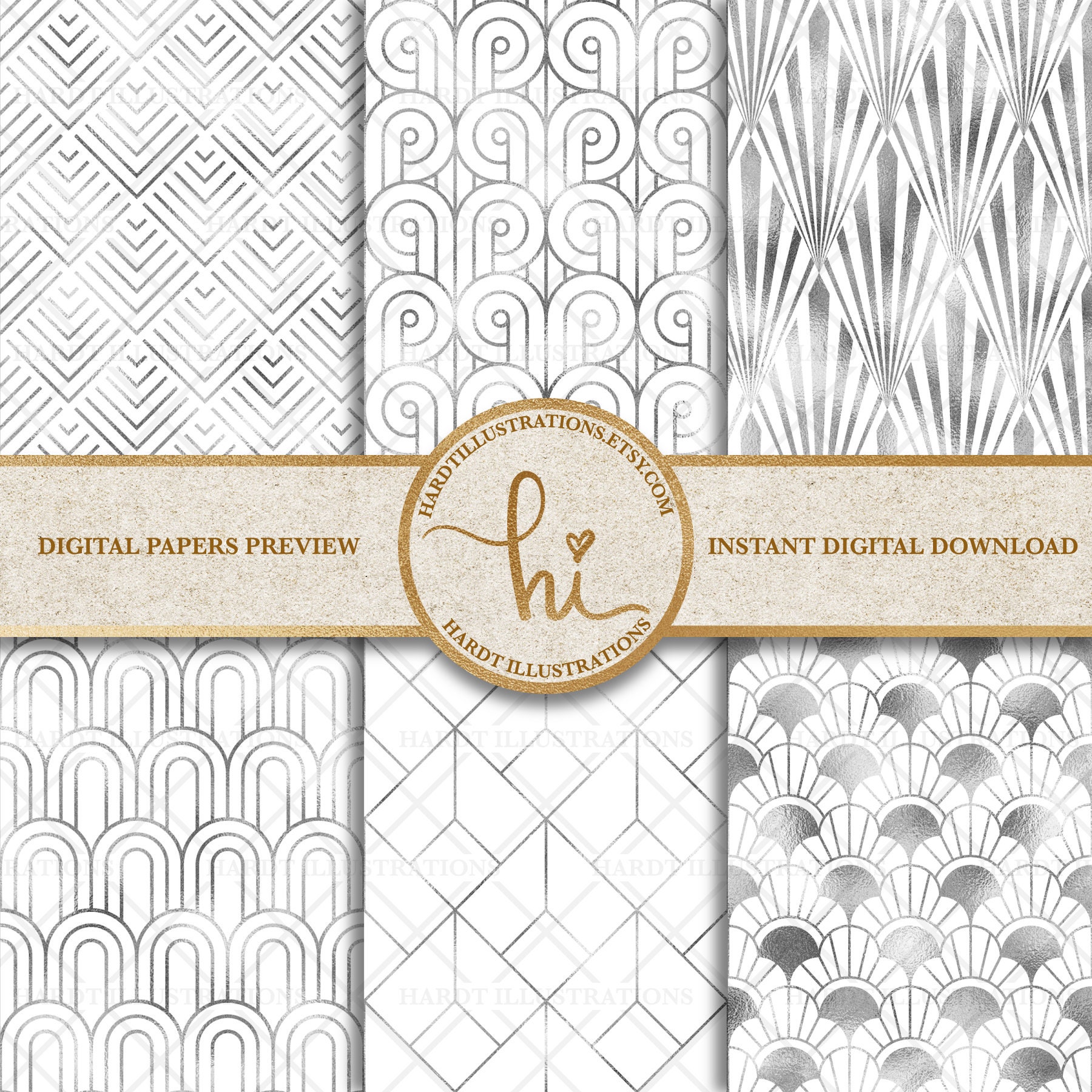 White & Silver Foil Art Deco Digital Paper Geometric Design | Etsy
