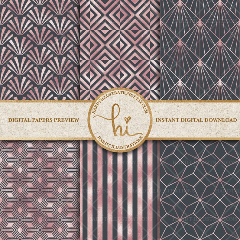 Charcoal & Rose Gold Foil Art Deco Digital Paper Geometric | Etsy