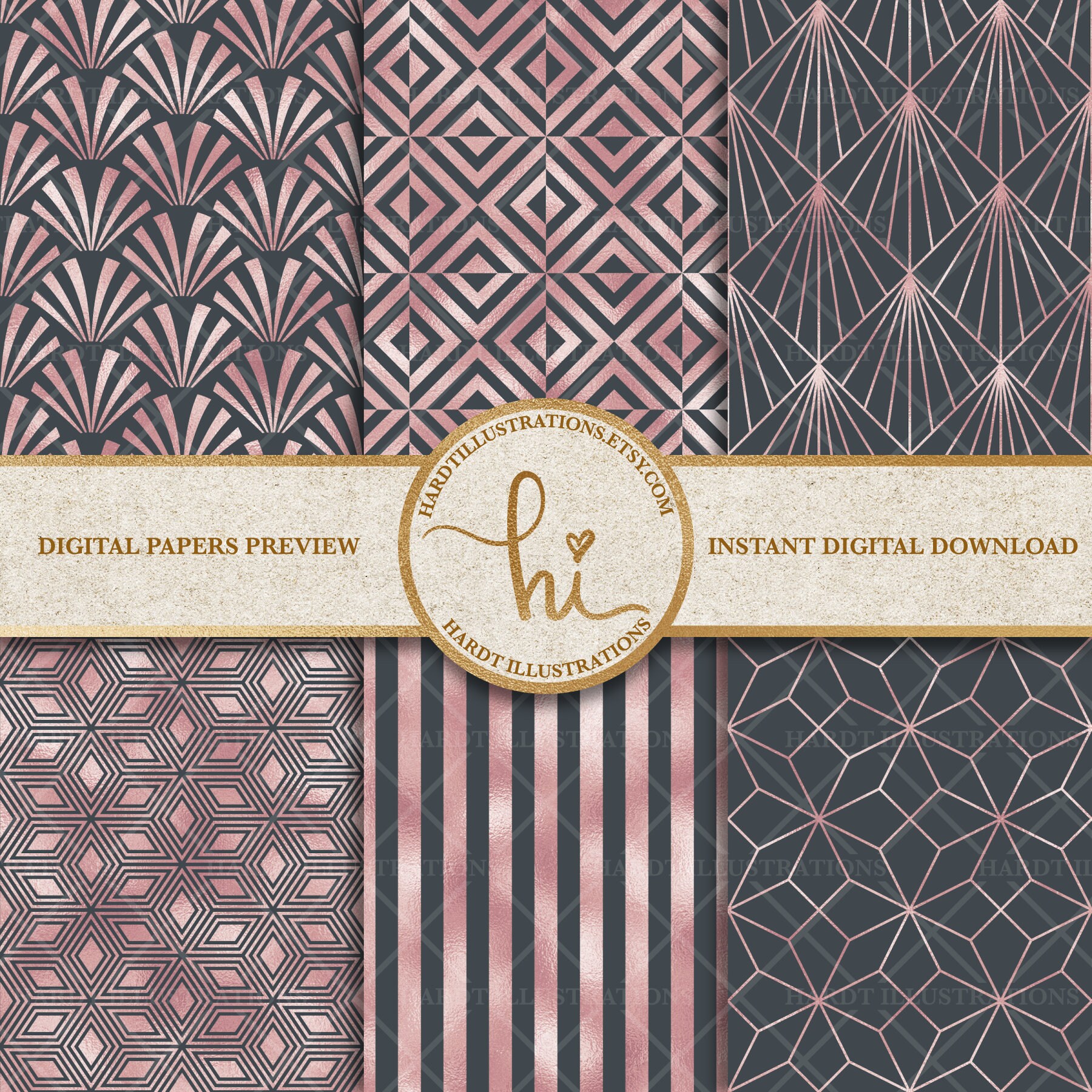 Charcoal & Rose Gold Foil Art Deco Digital Paper Geometric | Etsy