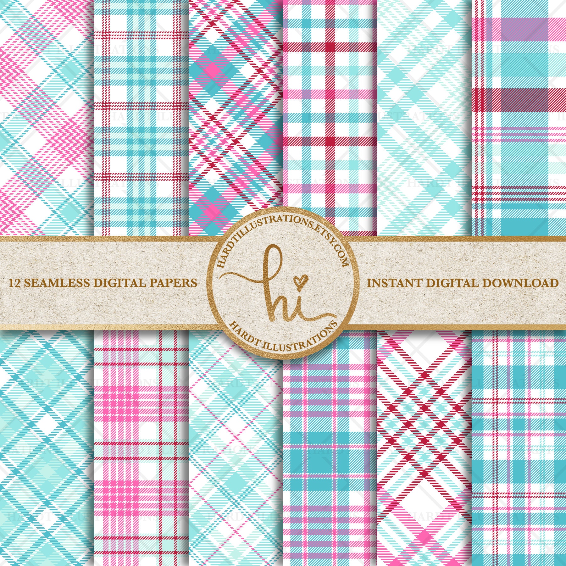 Pink & Blue Plaid Digital Paper Checkered Design Holiday | Etsy