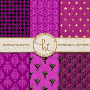 Magenta & Gold Foil Heraldic Digital Paper, Fuchsia Medieval Background ...