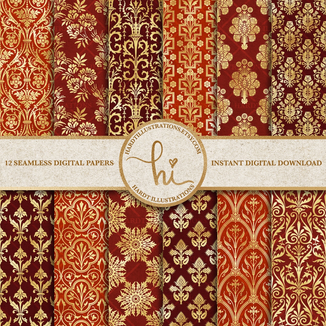 Red & Gold Foil Damask Digital Paper, Vintage Burgundy Background ...