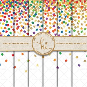 Rainbow Star Confetti Digital Paper, Falling Confetti Background, Foil ...