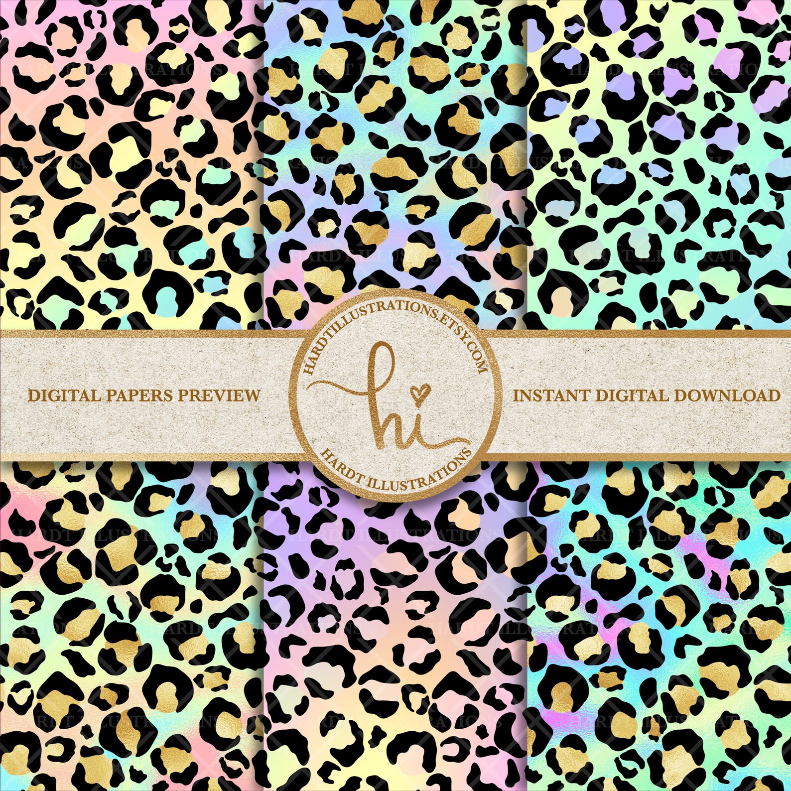 Pastel Leopard Print Digital Paper, Holographic Rainbow Digital Paper ...