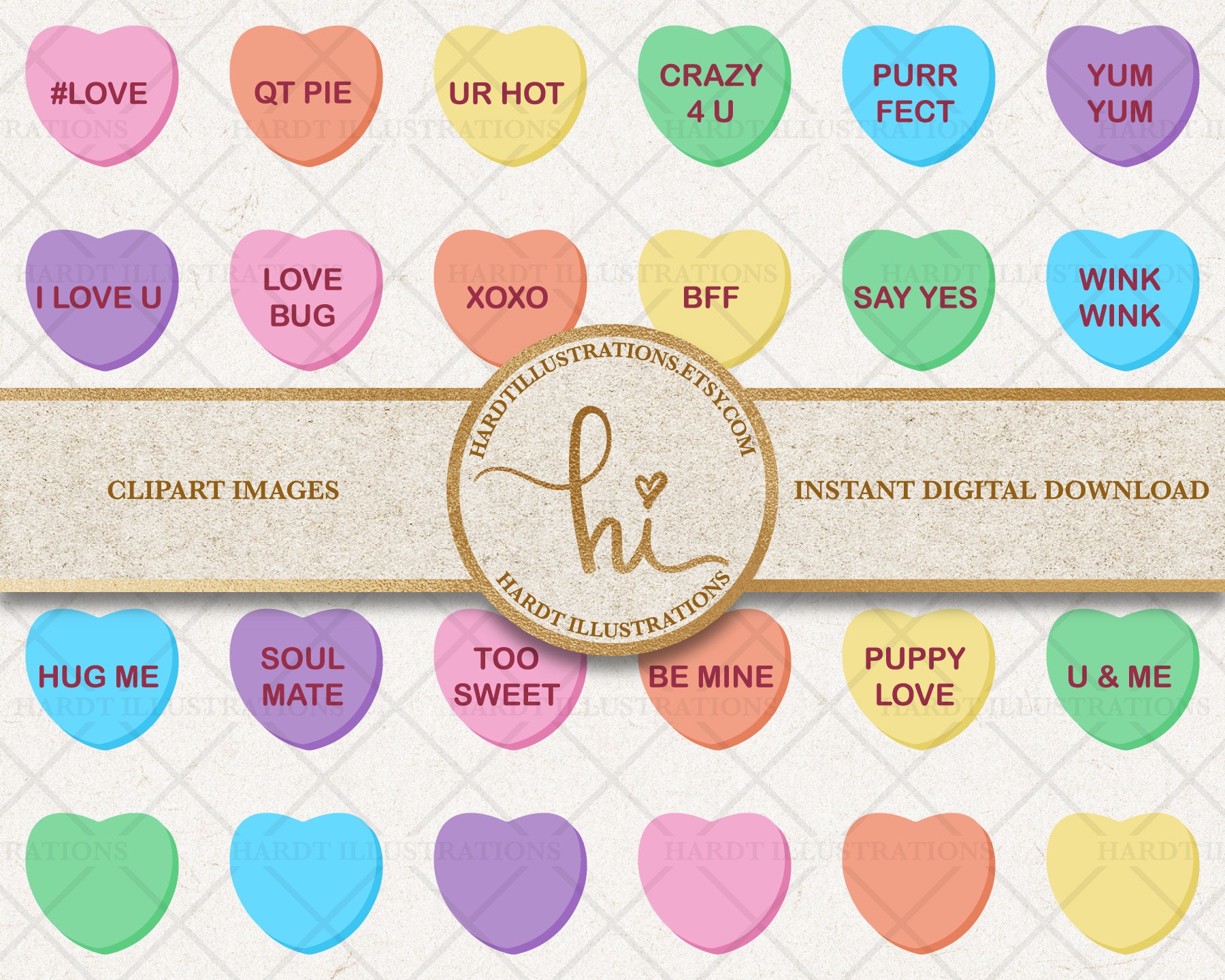 Classic Candy Heart Clipart Conversation Hearts Valentine | Etsy