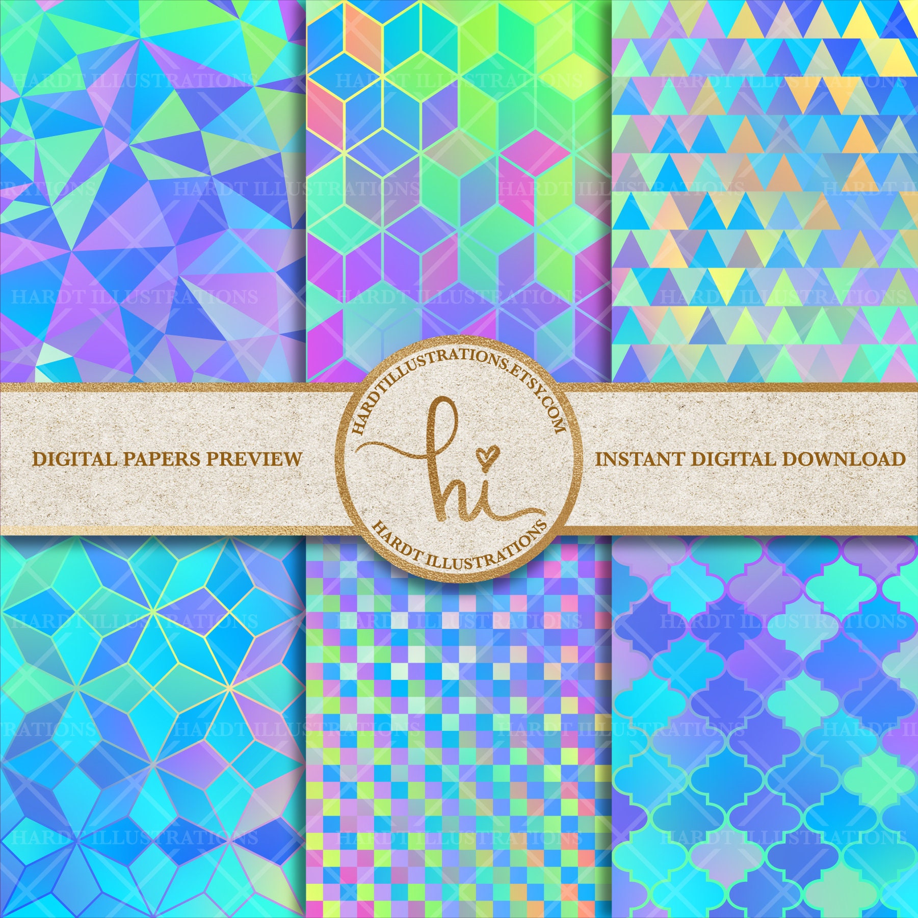 Neon Holographic Designs Digital Paper Geometric Rainbow | Etsy