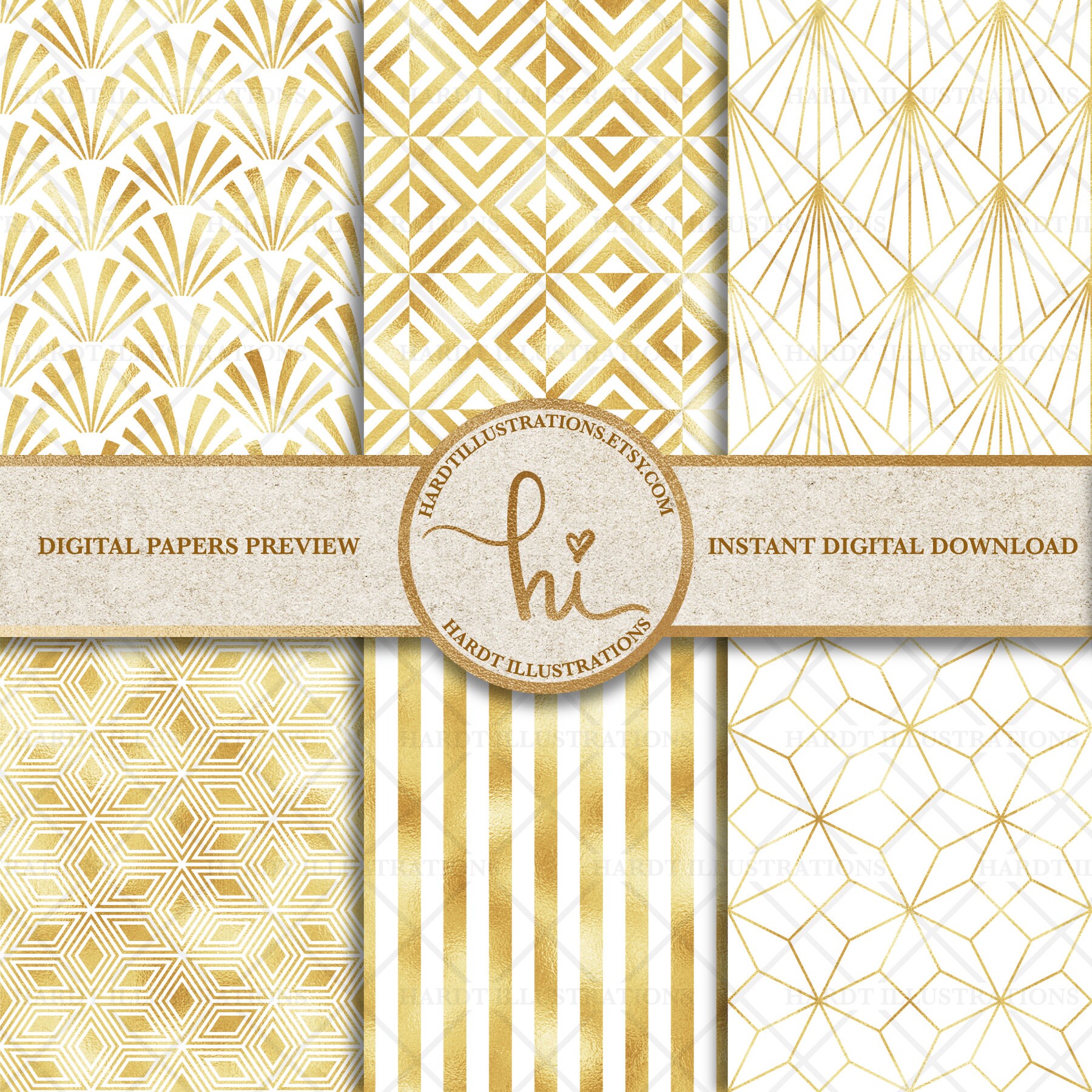 White & Gold Foil Art Deco Digital Paper Geometric Design - Etsy