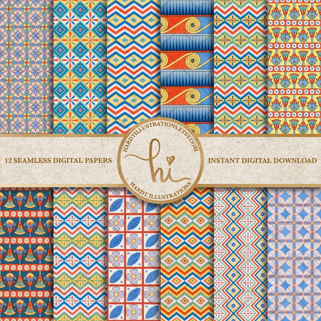 Ancient Egypt Digital Paper Set 4, Antique Egyptian Designs, Colorful ...