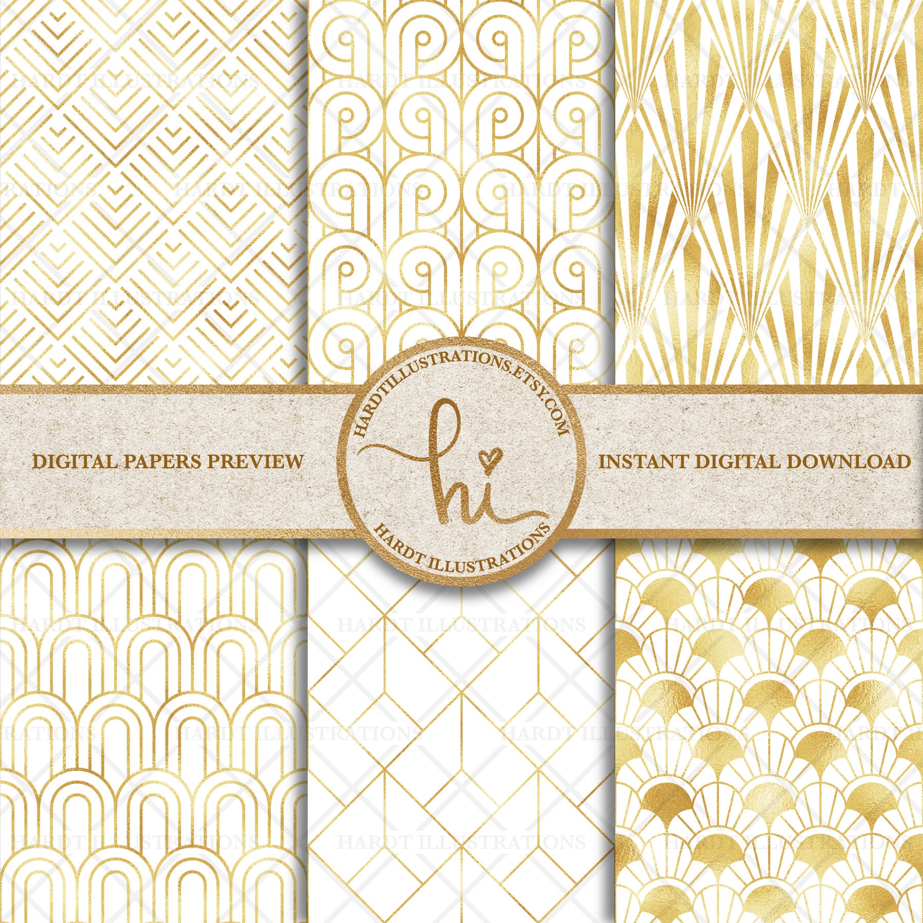 White & Gold Foil Art Deco Digital Paper Geometric Design | Etsy
