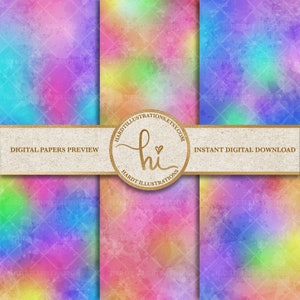 Neon Rainbow Watercolor Digital Paper, Ombre Grunge Gradient Wallpaper ...