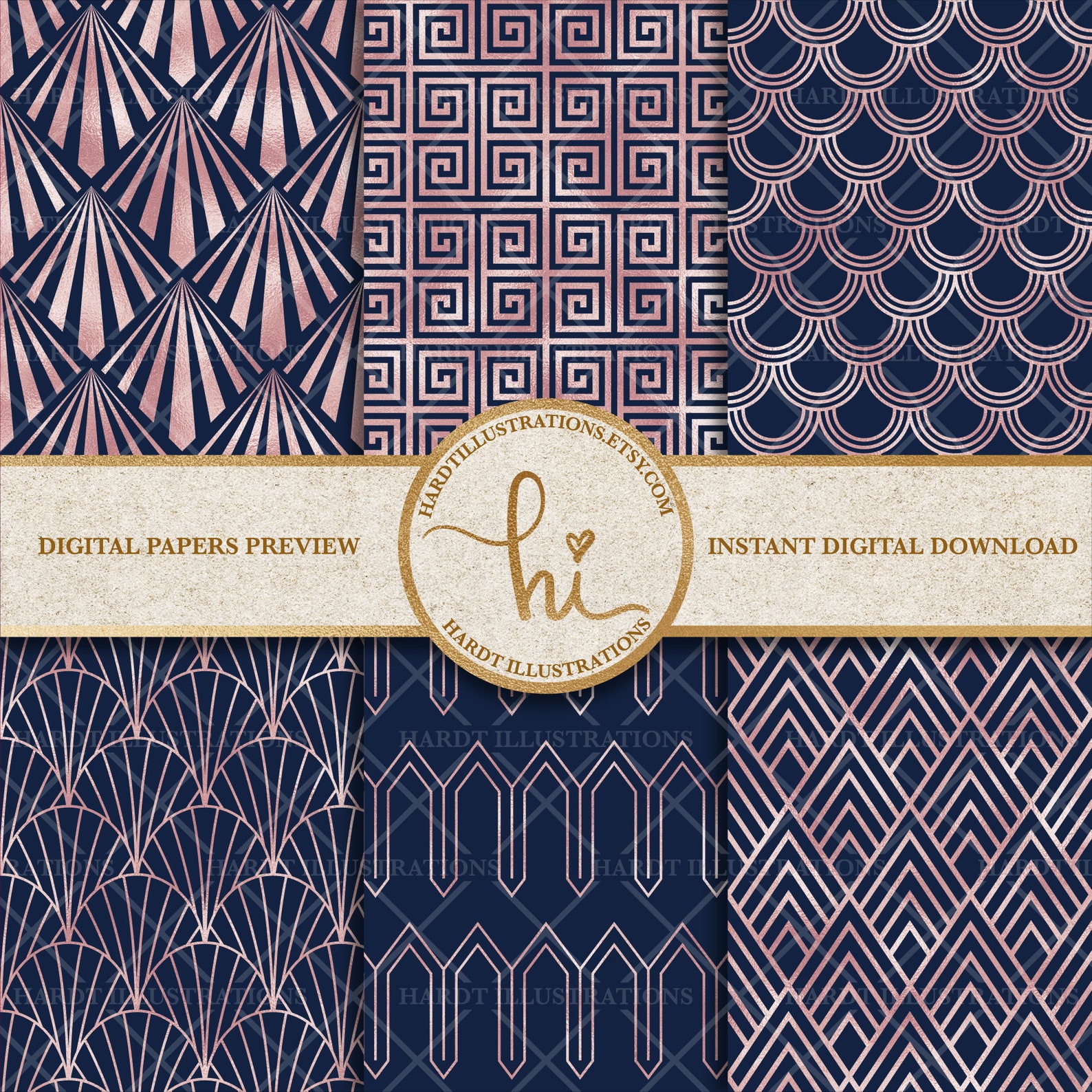 Navy & Rose Gold Foil Art Deco Digital Paper Geometric - Etsy