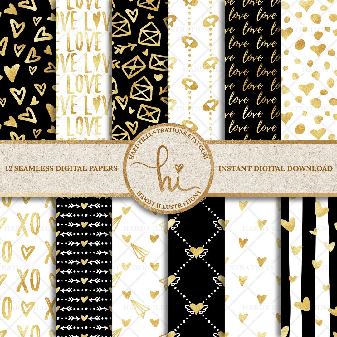 Gold Love Digital Paper, Valentine Digital Paper, Valentine's Day Heart ...