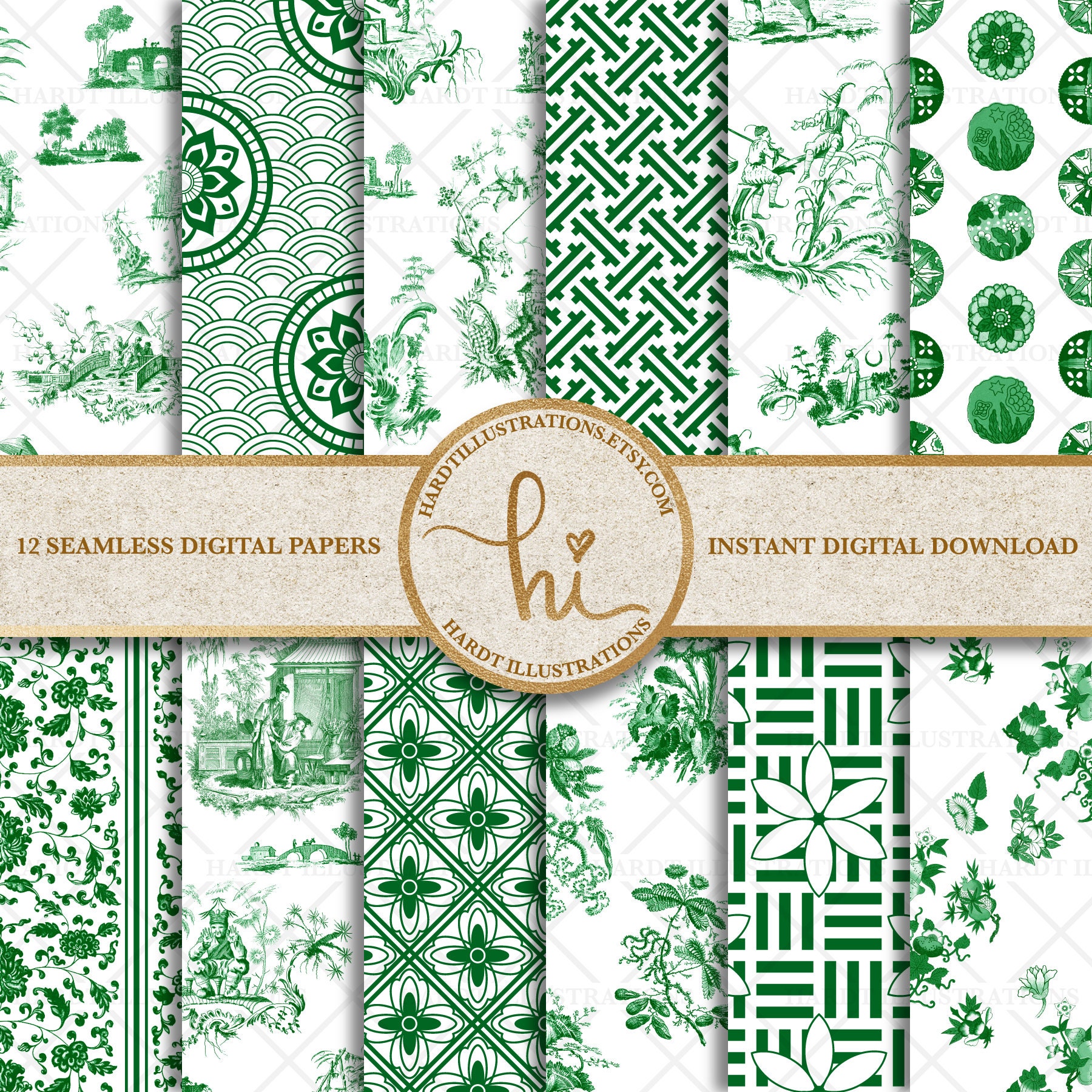 Green & White Chinoiserie Digital Paper Vintage Chinoiserie | Etsy