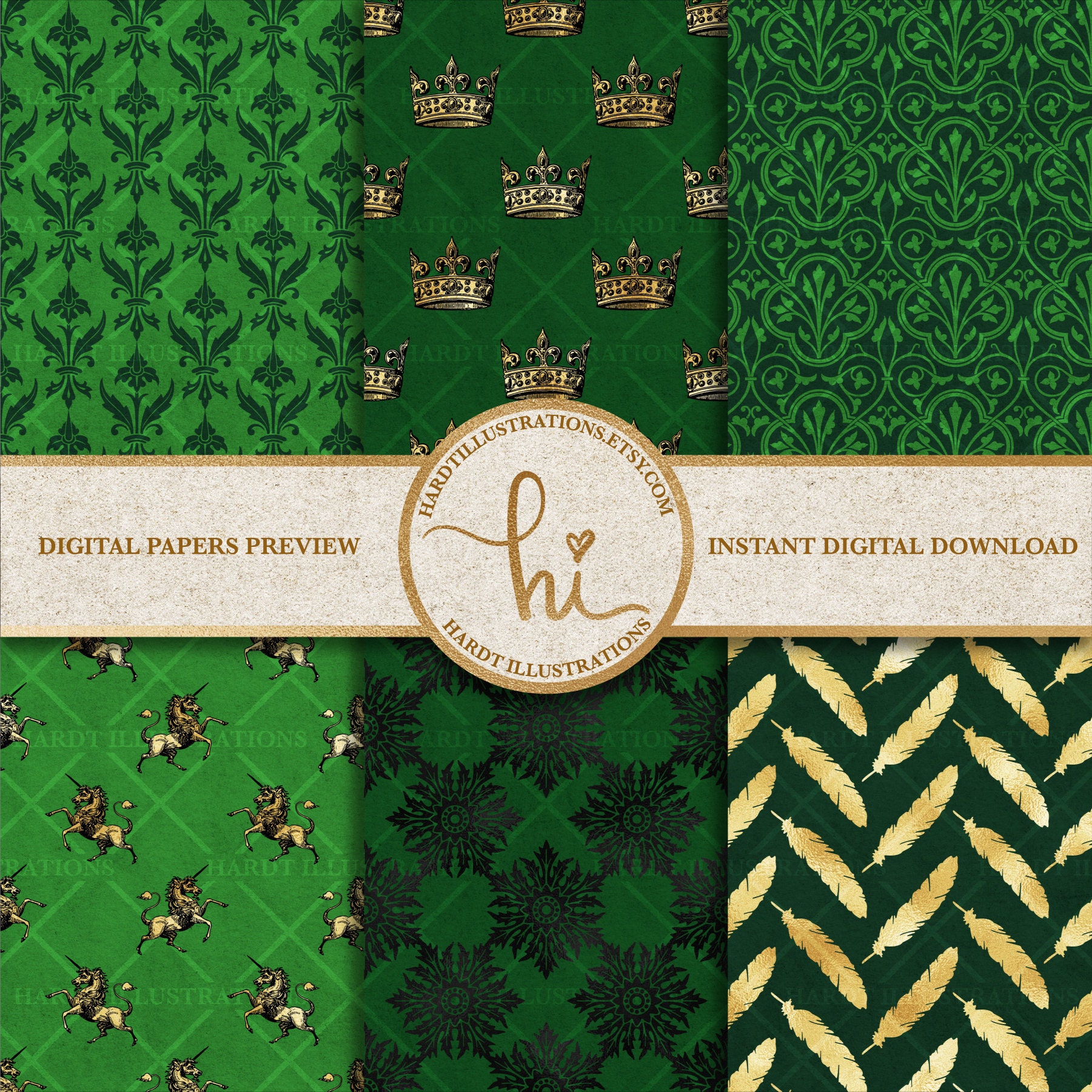 Green & Gold Foil Heraldic Digital Paper Emerald Medieval - Etsy