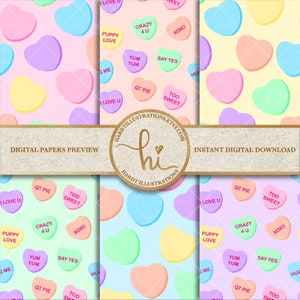 Pastel Candy Heart Digital Paper, Valentine Digital Paper, Conversation ...