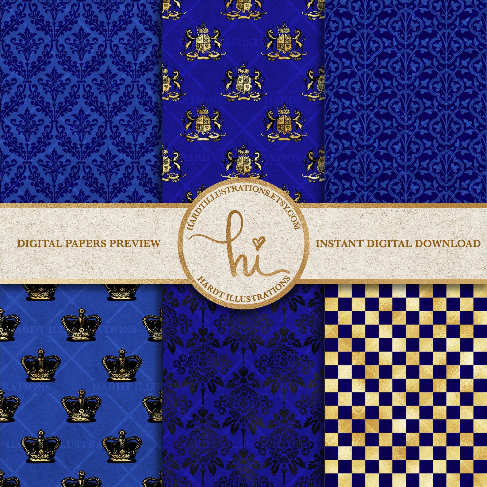 Blue & Gold Foil Heraldic Digital Paper Navy Medieval | Etsy