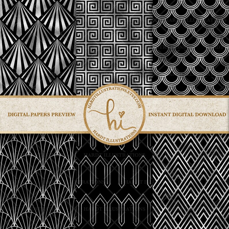 Black & Silver Foil Art Deco Digital Paper Geometric Design | Etsy