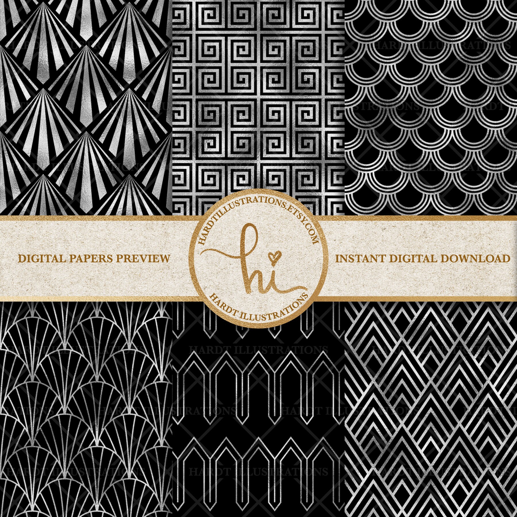 Black & Silver Foil Art Deco Digital Paper Geometric Design - Etsy