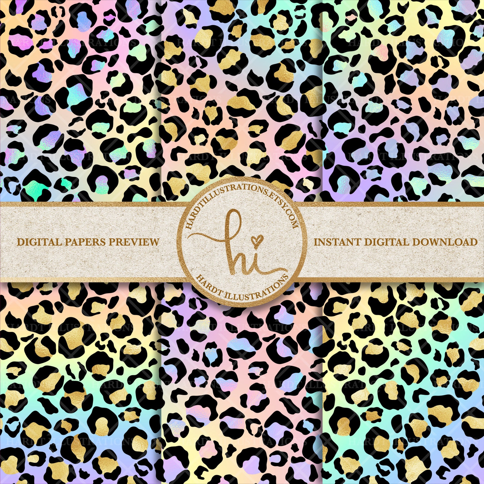 Pastel Leopard Print Digital Paper, Holographic Rainbow Digital Paper ...