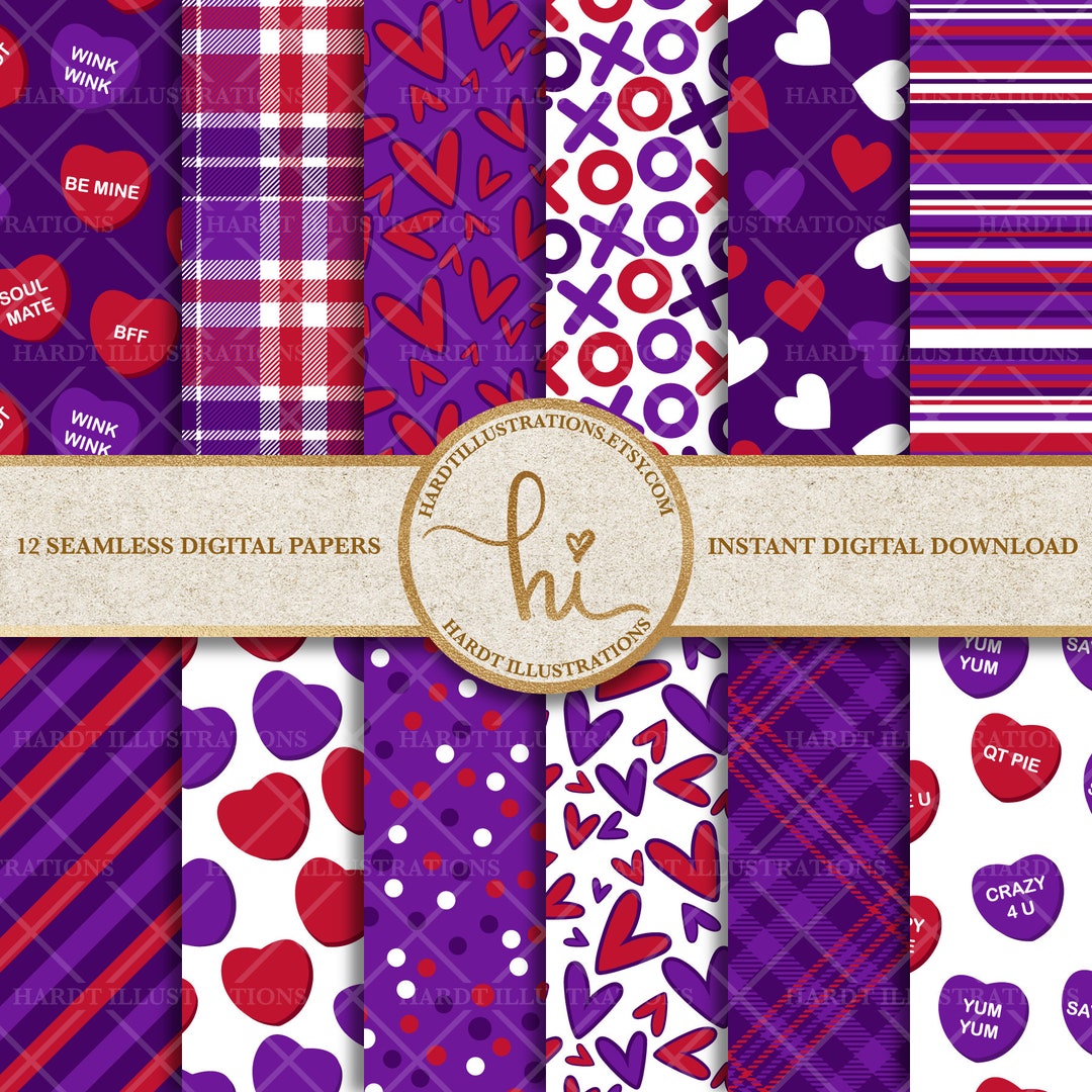 Purple Candy Heart Digital Paper, Valentine Digital Paper, Conversation ...