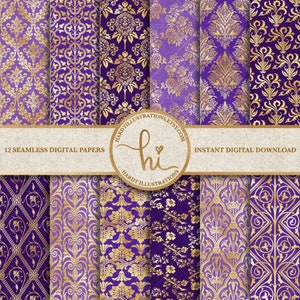Purple & Gold Foil Damask Digital Paper, Vintage Violet Background ...