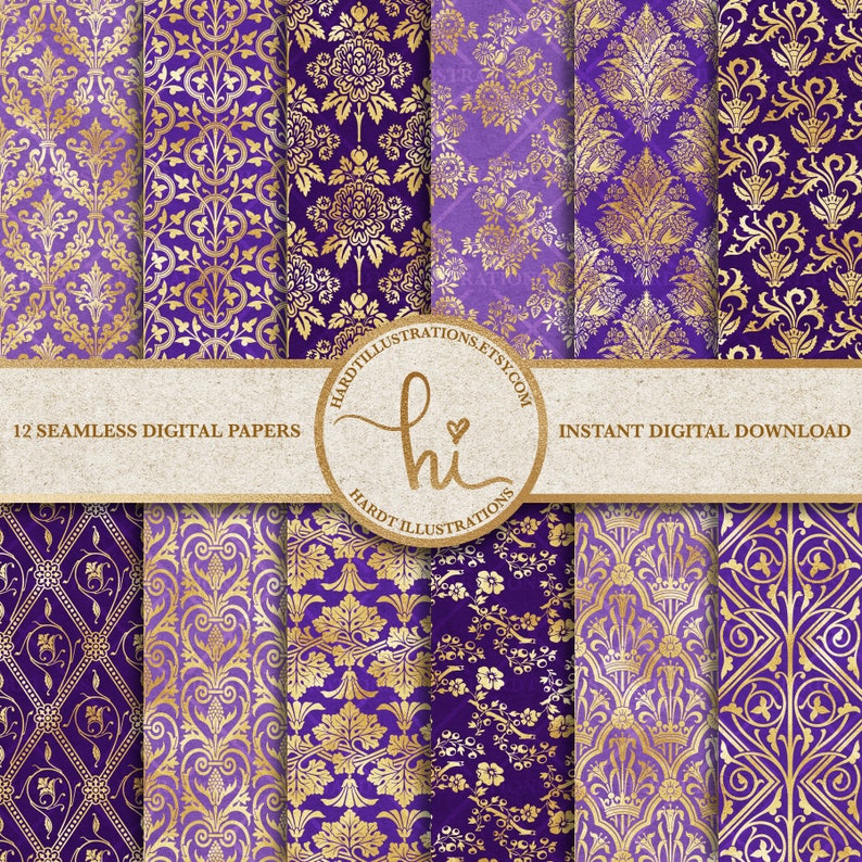 Purple & Gold Foil Damask Digital Paper Vintage Violet - Etsy
