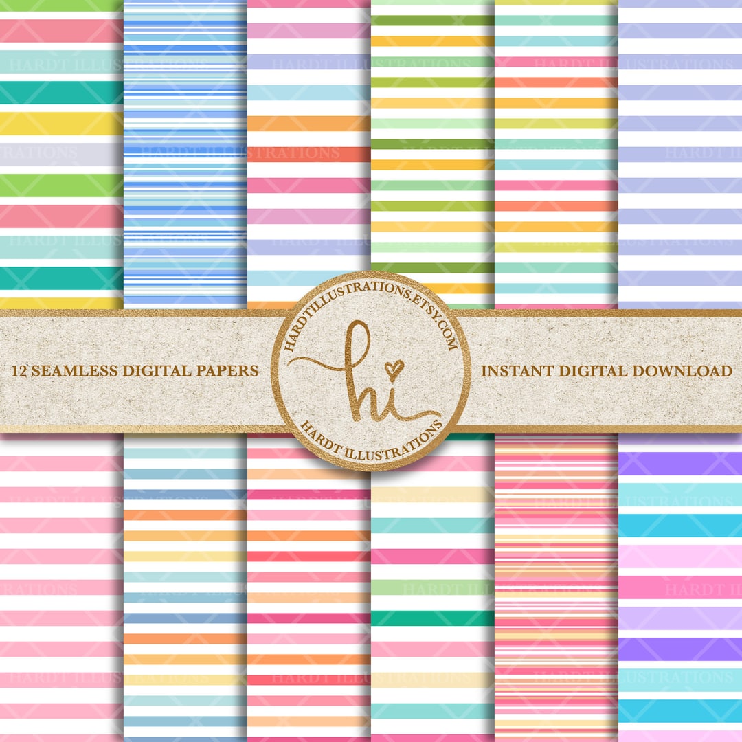 Pastel Stripe Digital Paper, Rainbow Candy Stripes Design, Horizontal ...
