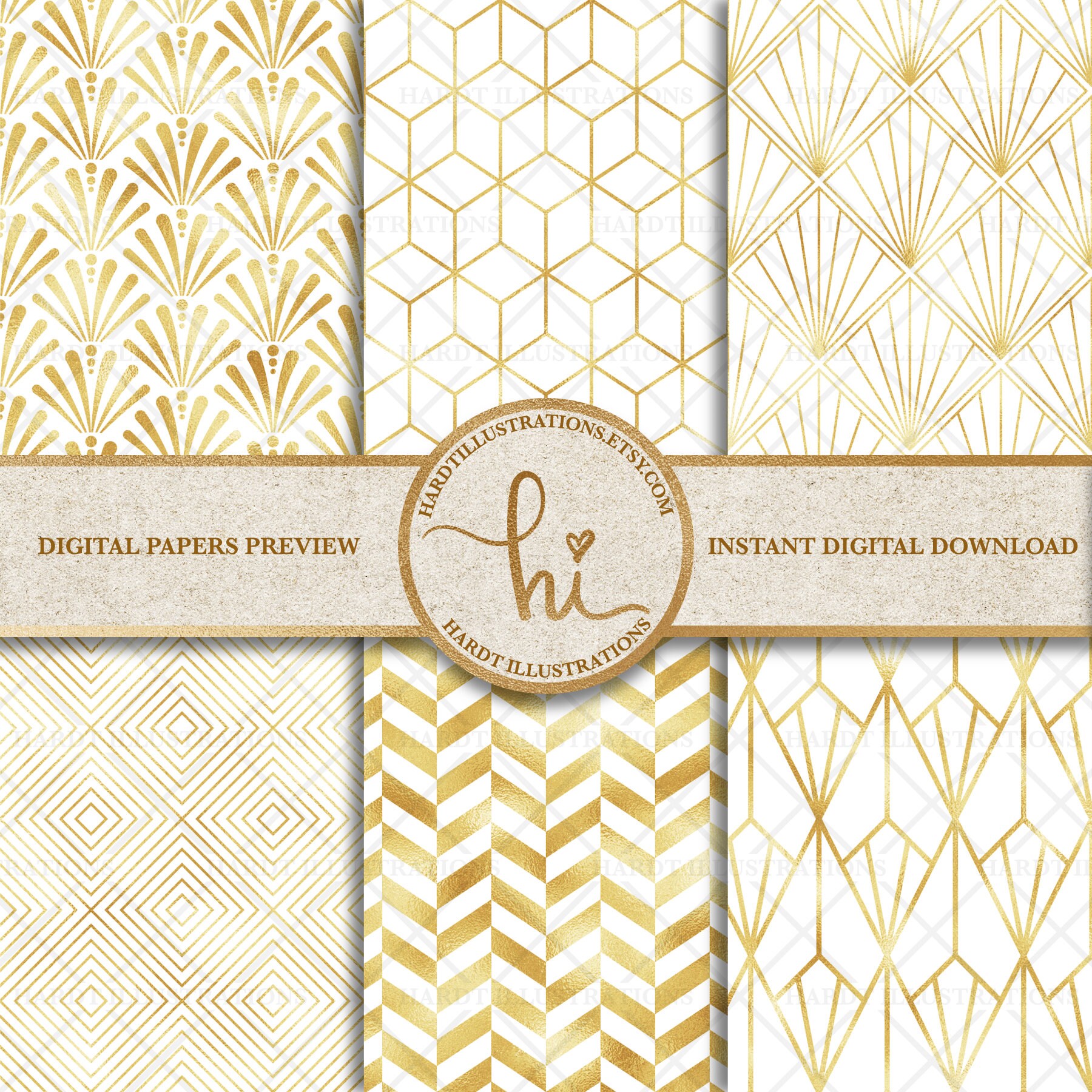 White & Gold Foil Art Deco Digital Paper Geometric Design | Etsy