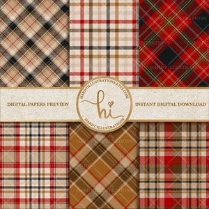 Red & Beige Plaid Digital Paper, Tan Checkered Design, Vintage Plaid ...