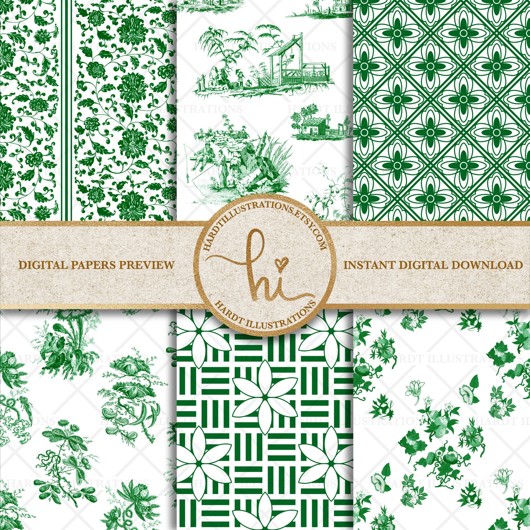 Green & White Chinoiserie Digital Paper Vintage Chinoiserie | Etsy