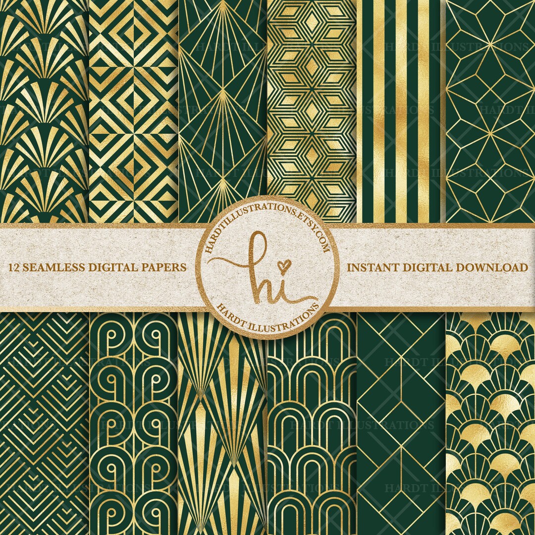 Emerald & Gold Foil Art Deco Digital Paper, Geometric Design, Vintage ...