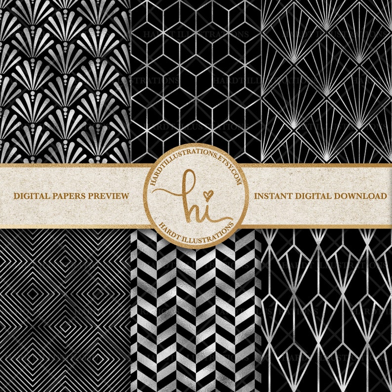 Black & Silver Foil Art Deco Digital Paper Geometric Design - Etsy